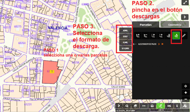 Opciones para descargar un archivo dxf de la web del catastro